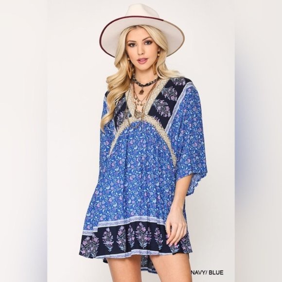 Gigio | Tops | Gigio Maya Navy Blue Lilac Floral Airy Tunic Top Boho ...